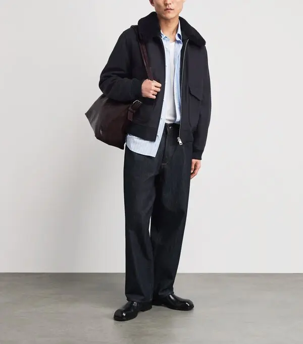 Sandro Wool-blend Aviator Jacket With Shearling Collar - Blue