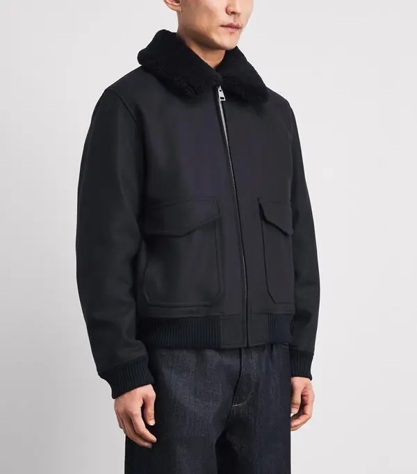 Sandro Wool-blend Aviator Jacket With Shearling Collar - Blue