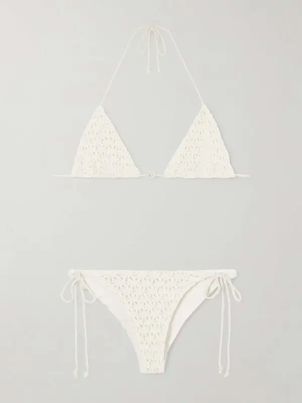 SARA CRISTINA Pearl Crocheted Cotton Triangle Bikini - Ecru