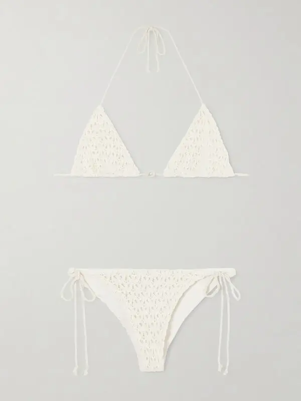 SARA CRISTINA Pearl Crocheted Cotton Triangle Bikini - Neutrals
