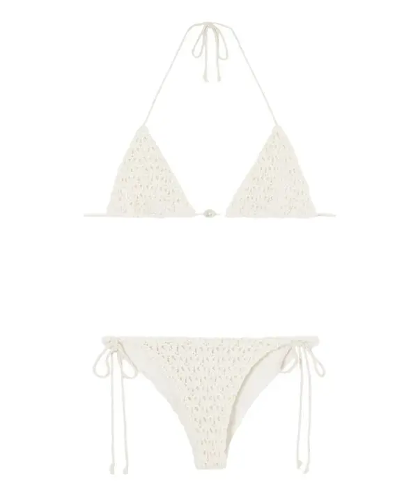 SARA CRISTINA Pearl Crocheted Cotton Triangle Bikini - Neutrals