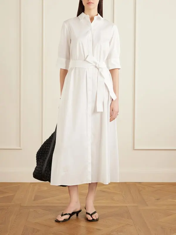 Max Mara Cotton-blend Poplin Midi Shirt Dress With Belt - White