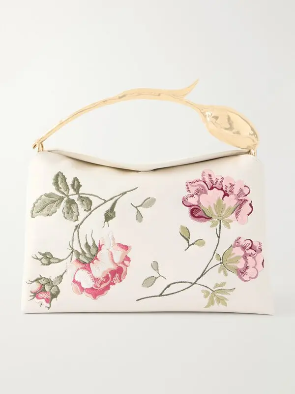 Erdem Bloom Embroidered Leather Clutch - Neutrals