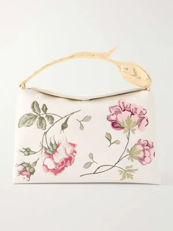 Erdem Bloom Embroidered Leather Clutch - Off-white