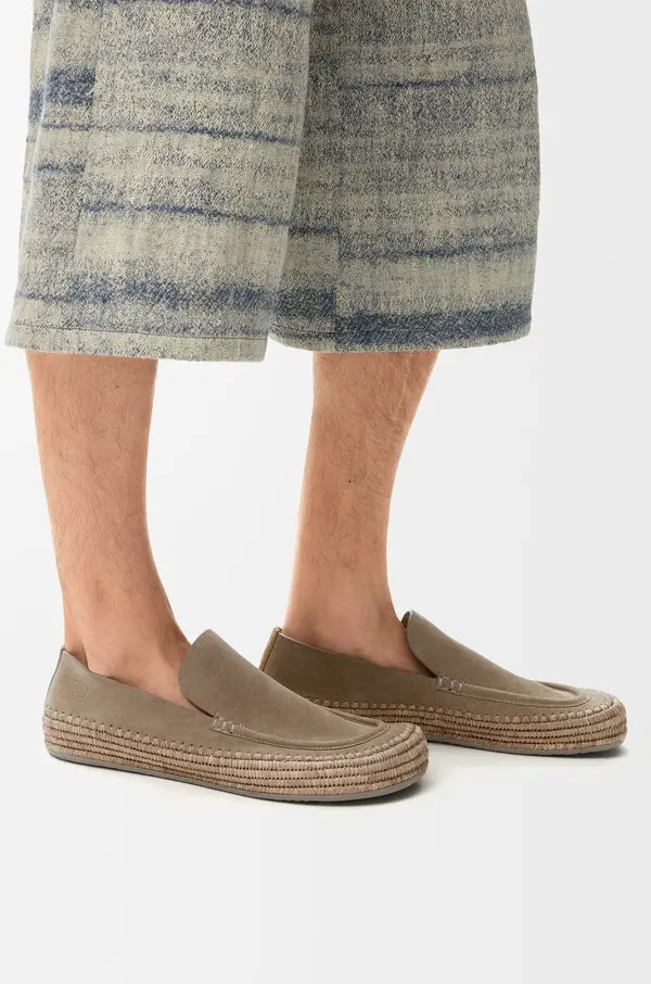 Loewe Rio Loafer In Suede And Raffia - Stone Grey