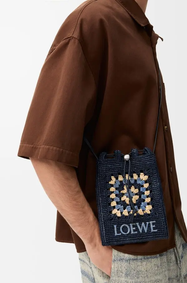 Loewe Drawstring Pocket In Raffia And Classic Calfskin - Navy/sky Blue