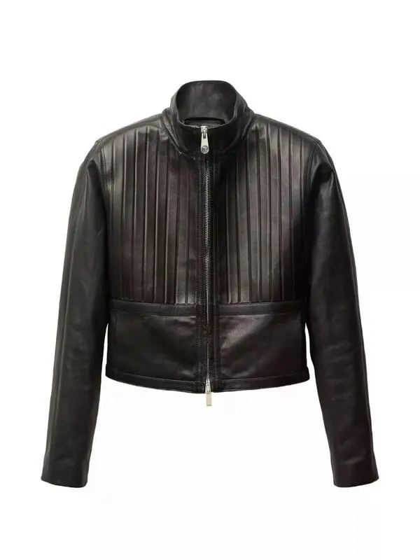 Versace Zipped Plongé Leather Blouson Jacket With Embossed Panels