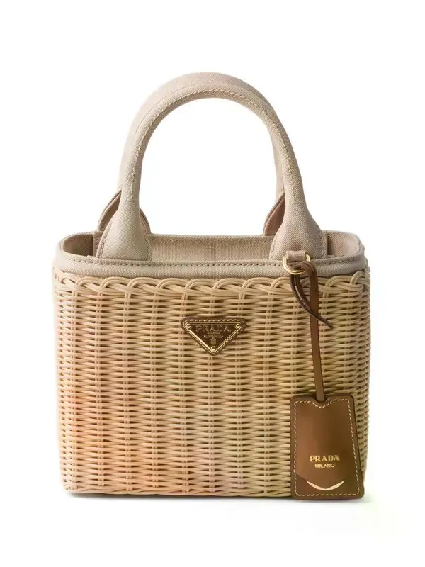 Prada Small Wicker And Canvas Tote Bag - Neutrals