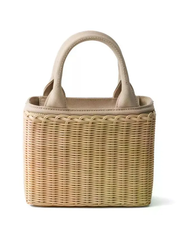 Prada Small Wicker And Canvas Tote Bag - Neutrals