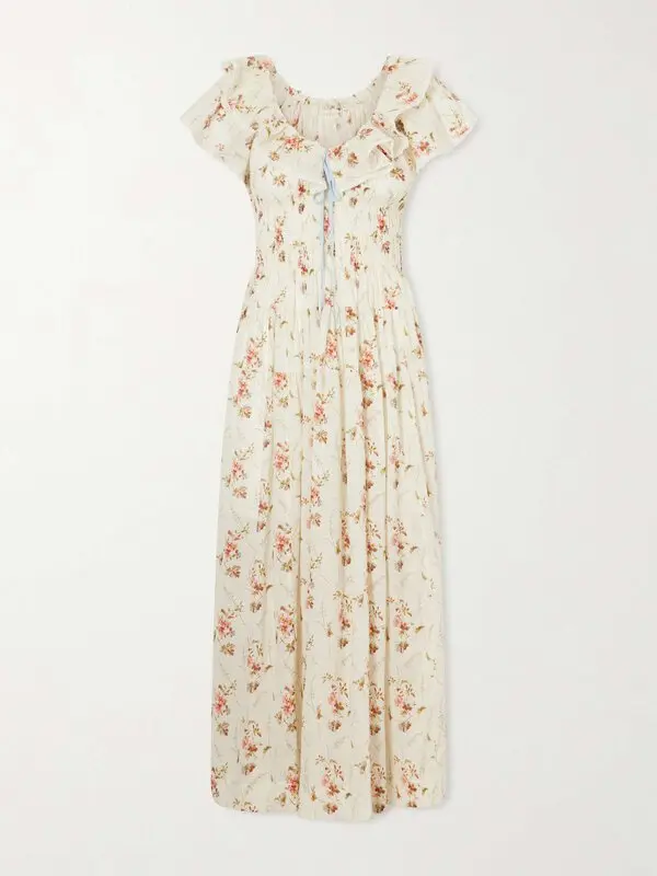 DÔEN Illiana Lace-trimmed Shirred Floral-print Organic Cotton Dress - Multi