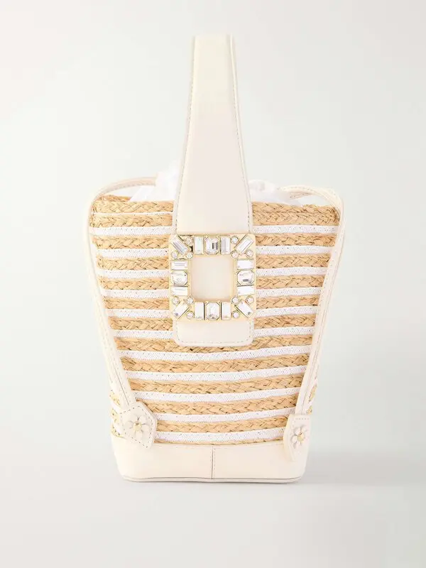 ROGER VIVIER Viv' Skate Embellished Leather-trimmed Striped Woven Raffia Clutch - Neutral