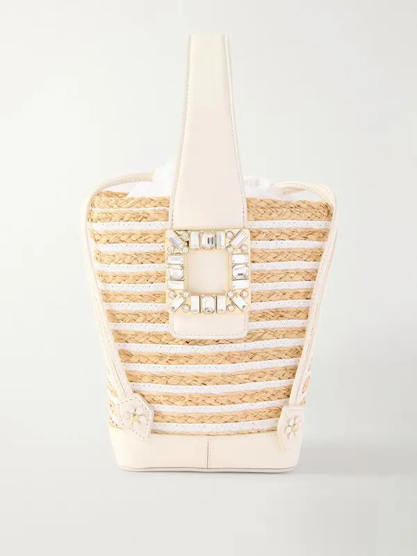 ROGER VIVIER Viv' Skate Embellished Raffia Clutch - Neutrals