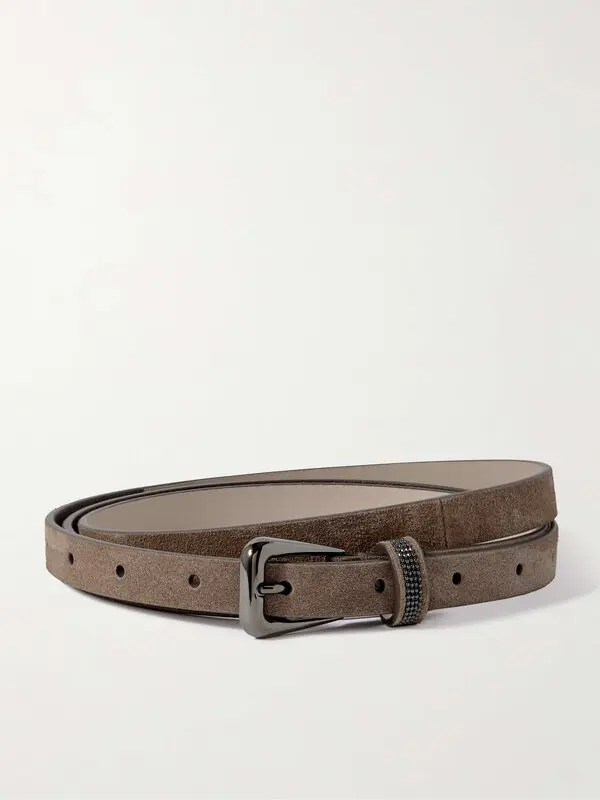 Brunello Cucinelli Bead-embellished Suede Belt - Dark Brown