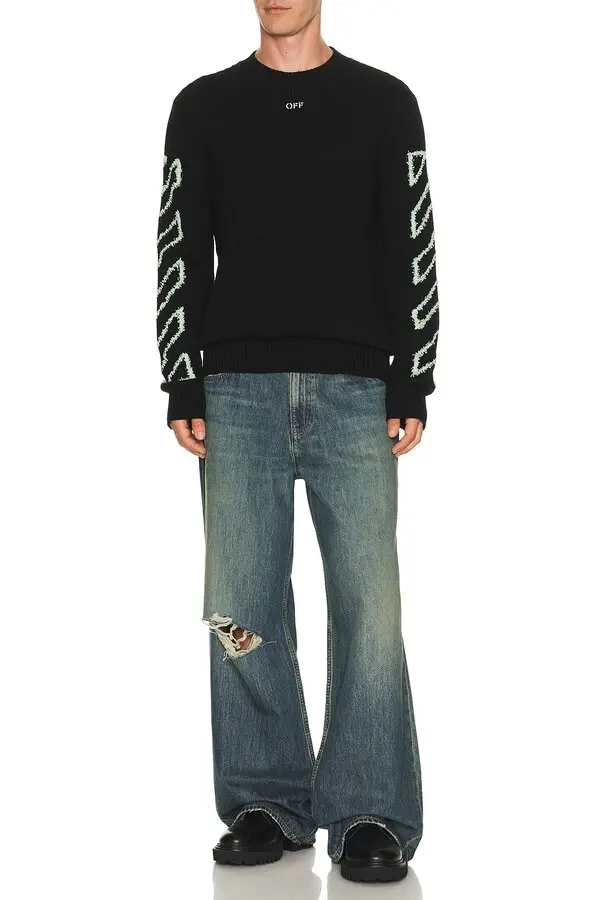 Off-White Fuzzy Knit Crew Neck Sweater - Black