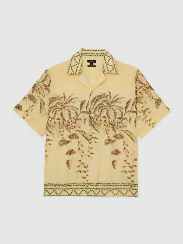 REISS Camino Palm-print Cuban-collar Shirt - Yellow