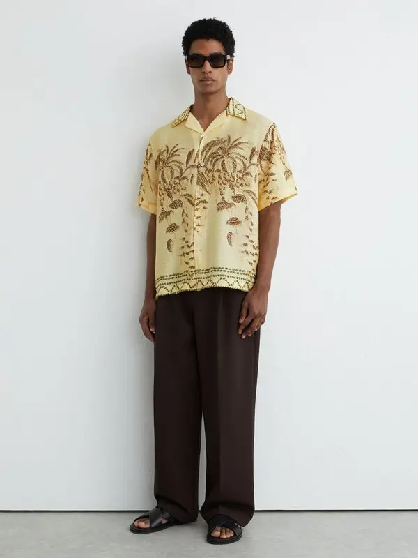 REISS Camino Palm-print Cuban-collar Shirt - Yellow