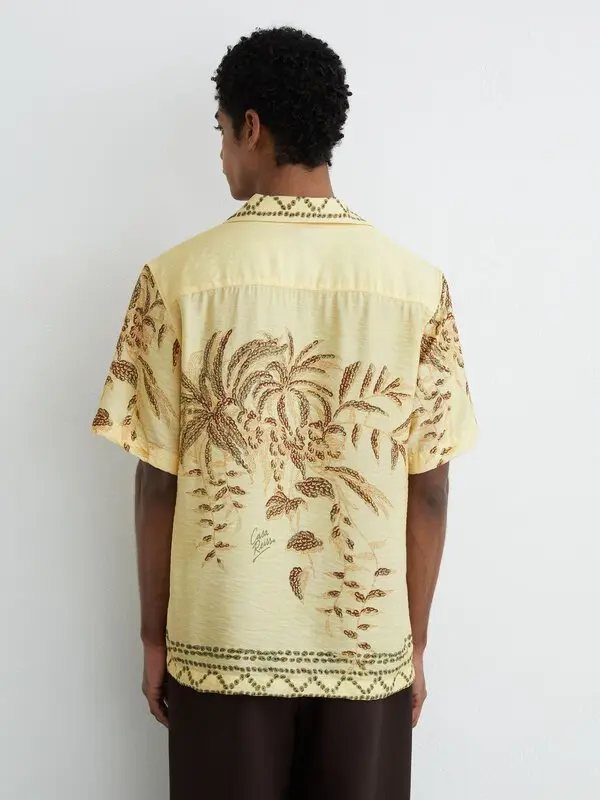 REISS Camino Palm-print Cuban-collar Shirt - Yellow