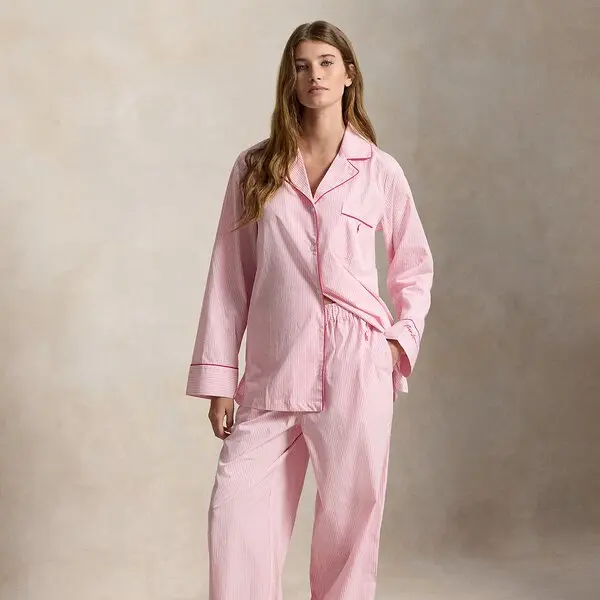 Ralph Lauren Pink Pony Striped Poplin Pajama Set - Course Pink