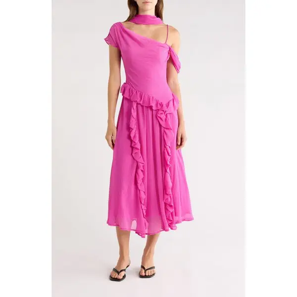 DAMSON MADDER Moxie Ruffle Asymmetric Midi Dress