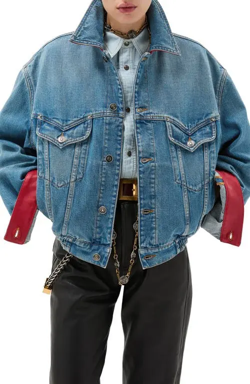 Versace Gender Inclusive Oversize Colorblock Denim & Leather Trucker Jacket - Medium Blue Red