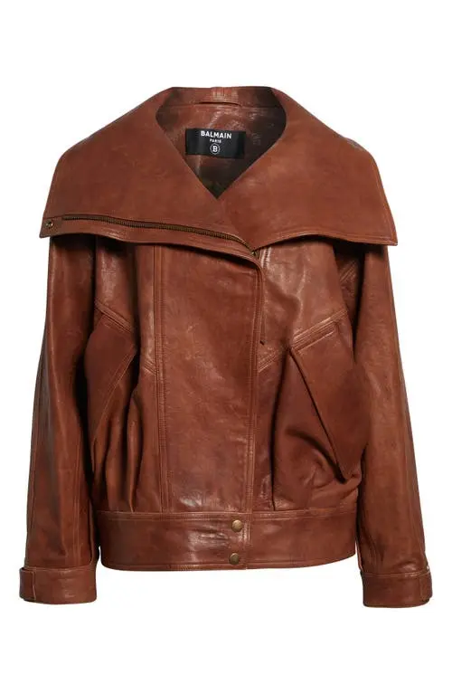 Balmain High Collar Leather Bomber Jacket - 8eh Brown