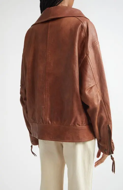 Balmain High Collar Leather Bomber Jacket - 8eh Brown