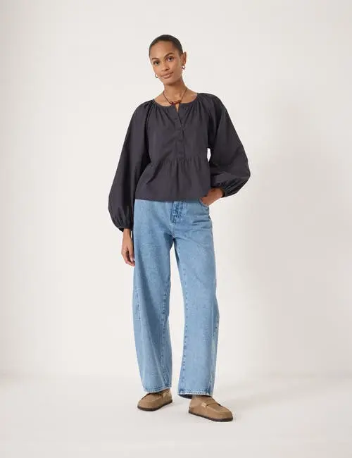 HUSH Beck Cotton Peplum Blouse - Navy Blue