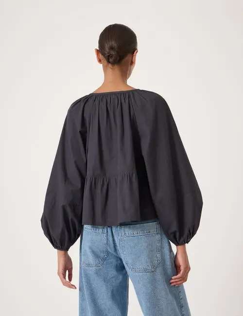 HUSH Beck Cotton Peplum Blouse - Navy Blue