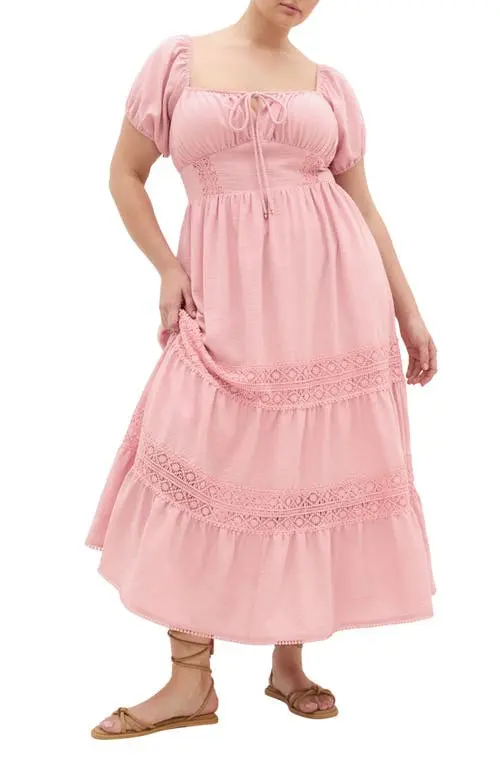 City Chic Haven Lace Trim Puff Sleeve Midi Dress - Peachy