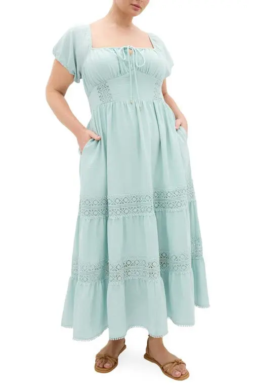 City Chic Haven Lace Trim Puff Sleeve Midi Dress - Seafoam
