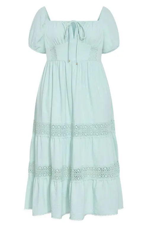 City Chic Haven Lace Trim Puff Sleeve Midi Dress - Seafoam