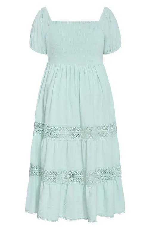 City Chic Haven Lace Trim Puff Sleeve Midi Dress - Seafoam