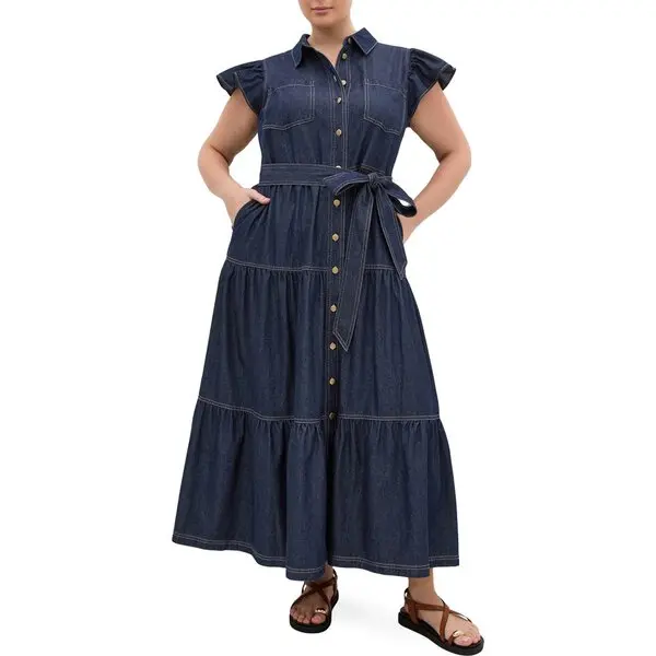 City Chic Kelsie Tie Waist Tiered Denim Maxi Dress