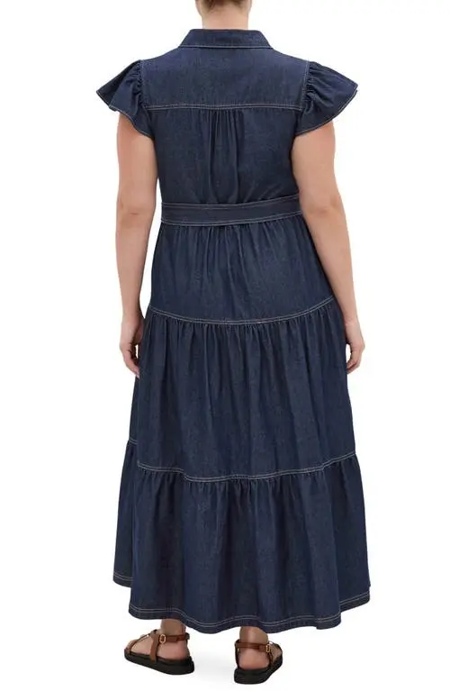 City Chic Kelsie Tie Waist Tiered Denim Maxi Dress