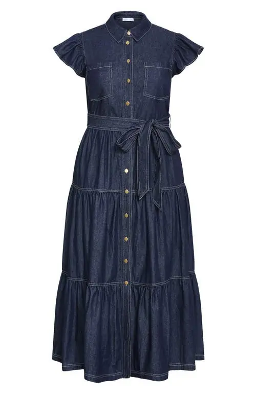 City Chic Kelsie Tie Waist Tiered Denim Maxi Dress