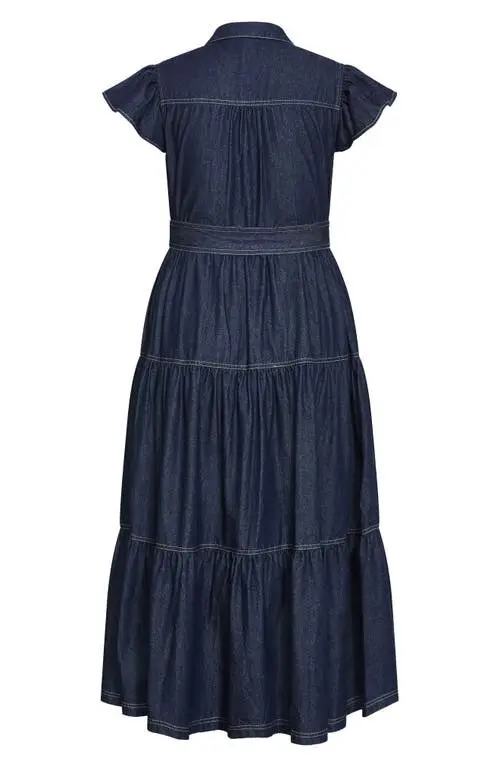 City Chic Kelsie Tie Waist Tiered Denim Maxi Dress