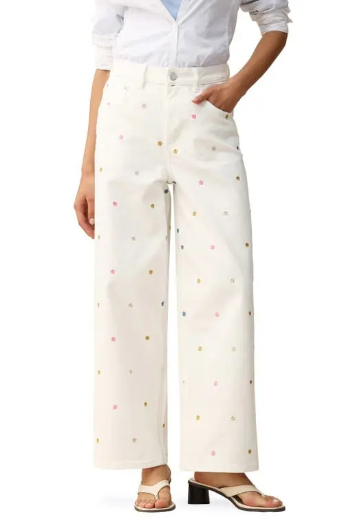 BAYEAS Floral Embroidered Wide Leg Jeans - White