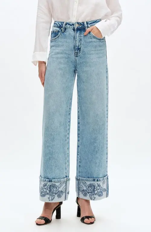 BAYEAS Flora Embroidered High Waist Cuffed Wide Leg Jeans - Light Blue