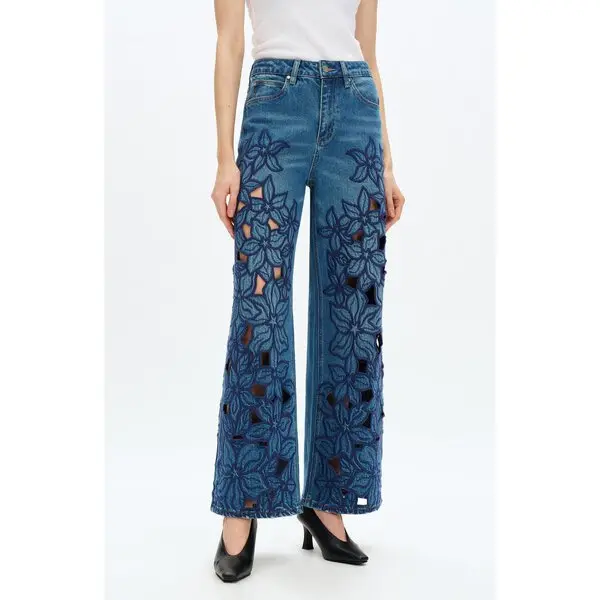 BAYEAS Embroidered High Waist Wide Leg Jeans - Medium Blue