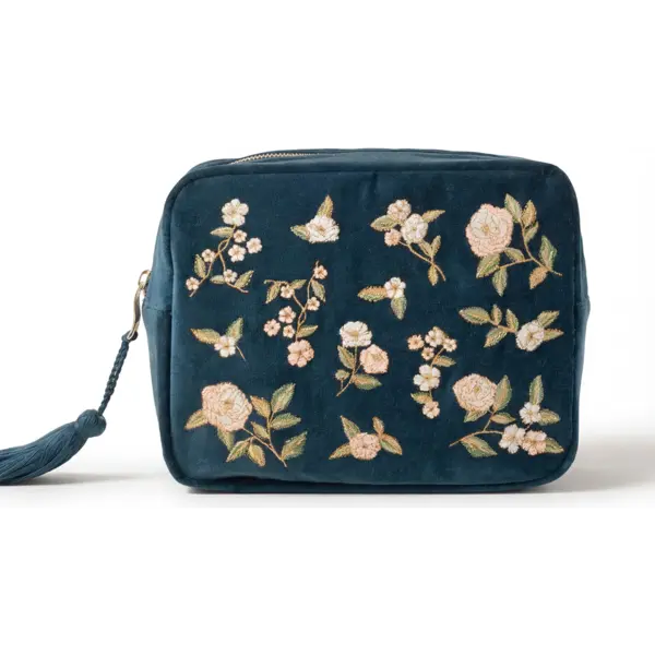 ELIZABETH SCARLETT Wild Rose Velvet Wash Bag - Ink Blue