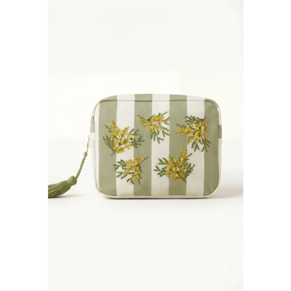 ELIZABETH SCARLETT Mimosa Stripe Cotton Wash Bag - Green