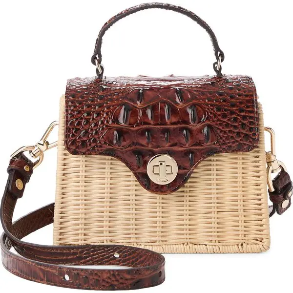 Brahmin Liliana Croc Embossed Leather & Wicker Top Handle Bag - Pecan