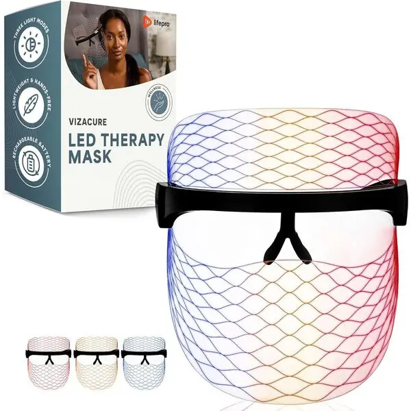 LIFEPRO Silicone Face Led Mask Red Light Therapy Mask With 3 Colors For At Home Skincare - Black