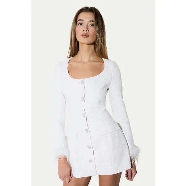 MISSPAP Boucle Feather Trim Mini Dress
