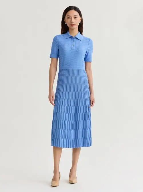Misook Geometric Collared Fit & Flare Knit Maxi Dress - Tranquil Blue