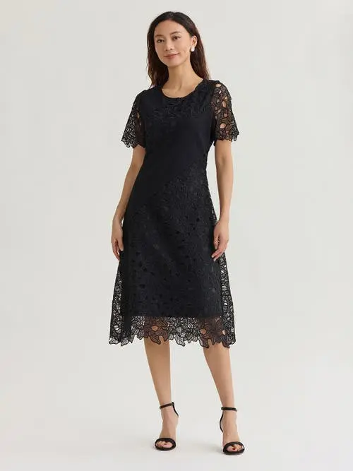 Misook Fit & Flare Mixed Media Midi Dress