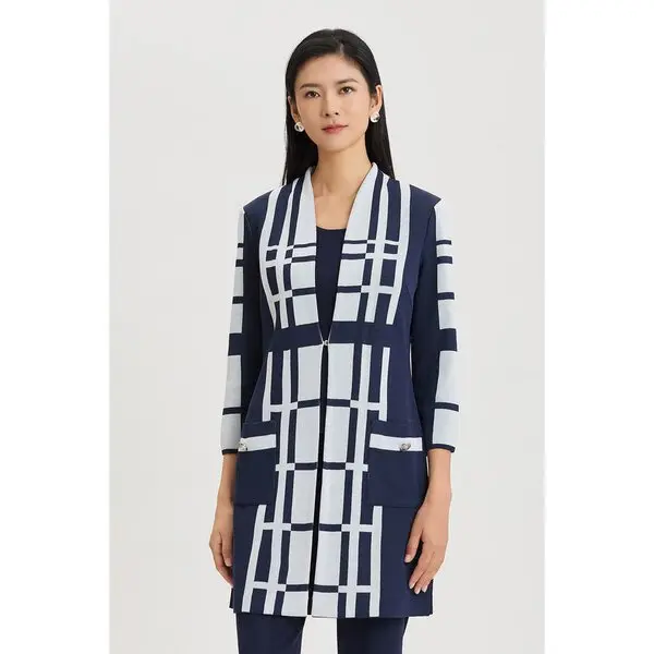 Ming Wang Heritage Two-tone Geometric Knit Duster - Indigo/white