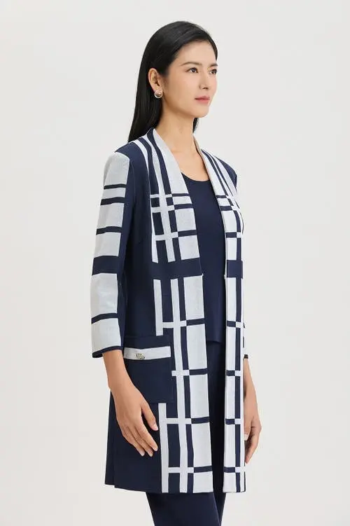 Ming Wang Heritage Two-tone Geometric Knit Duster