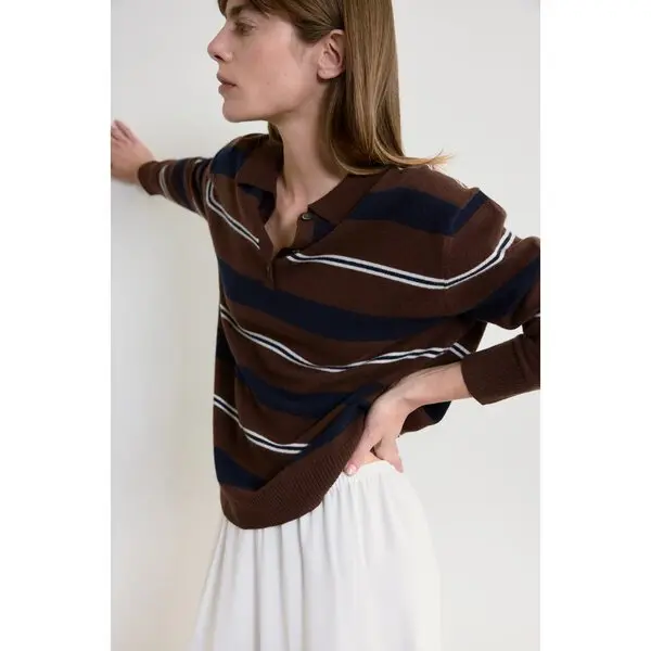 Almina Concept Lightweight Wool Polo - Brown Stripes