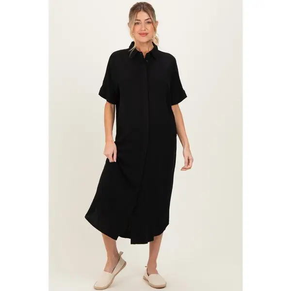 PINKBLUSH Button Down Midi Shirt Dress - Black